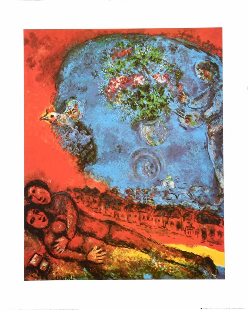 Chagall Couple Of Lovers On A Red Background Art Print — Poster Plus